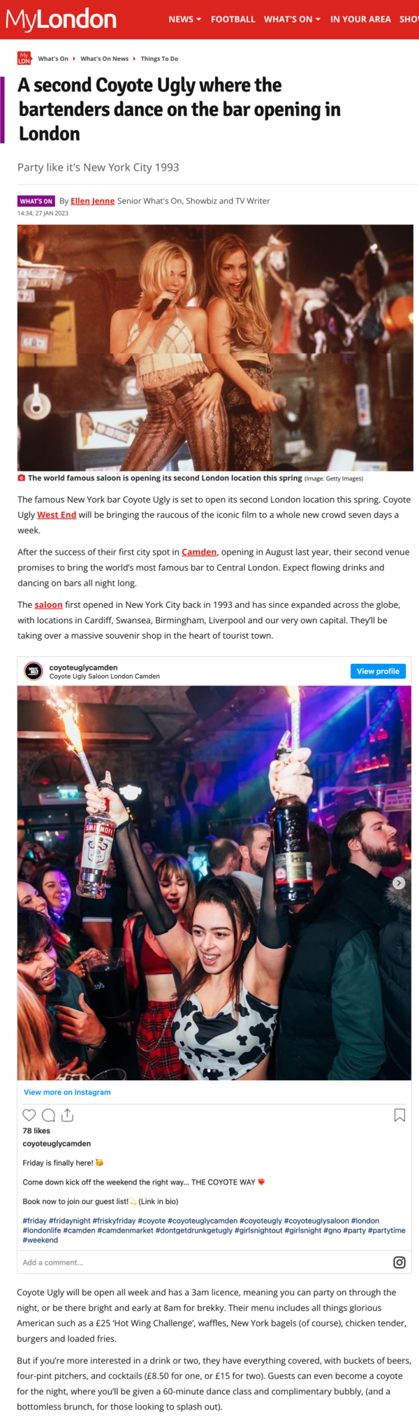 MyLondon A Second Coyote Ugly Opening in London - Coyote Ugly Saloon Press